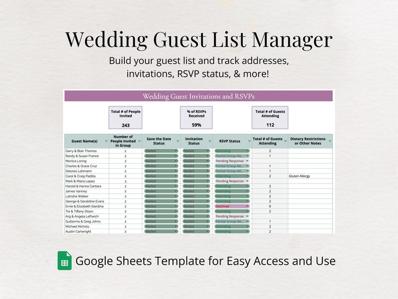Wedding Planning Guest List Google Sheets Template | Instant Digital ...