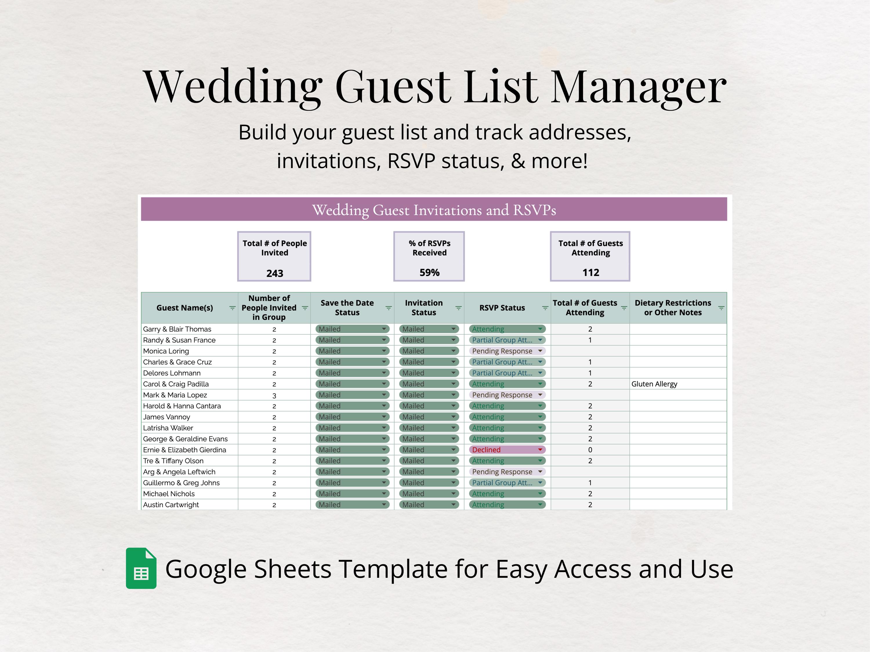 Wedding Planning Guest List Google Sheets Template | Instant Digital ...