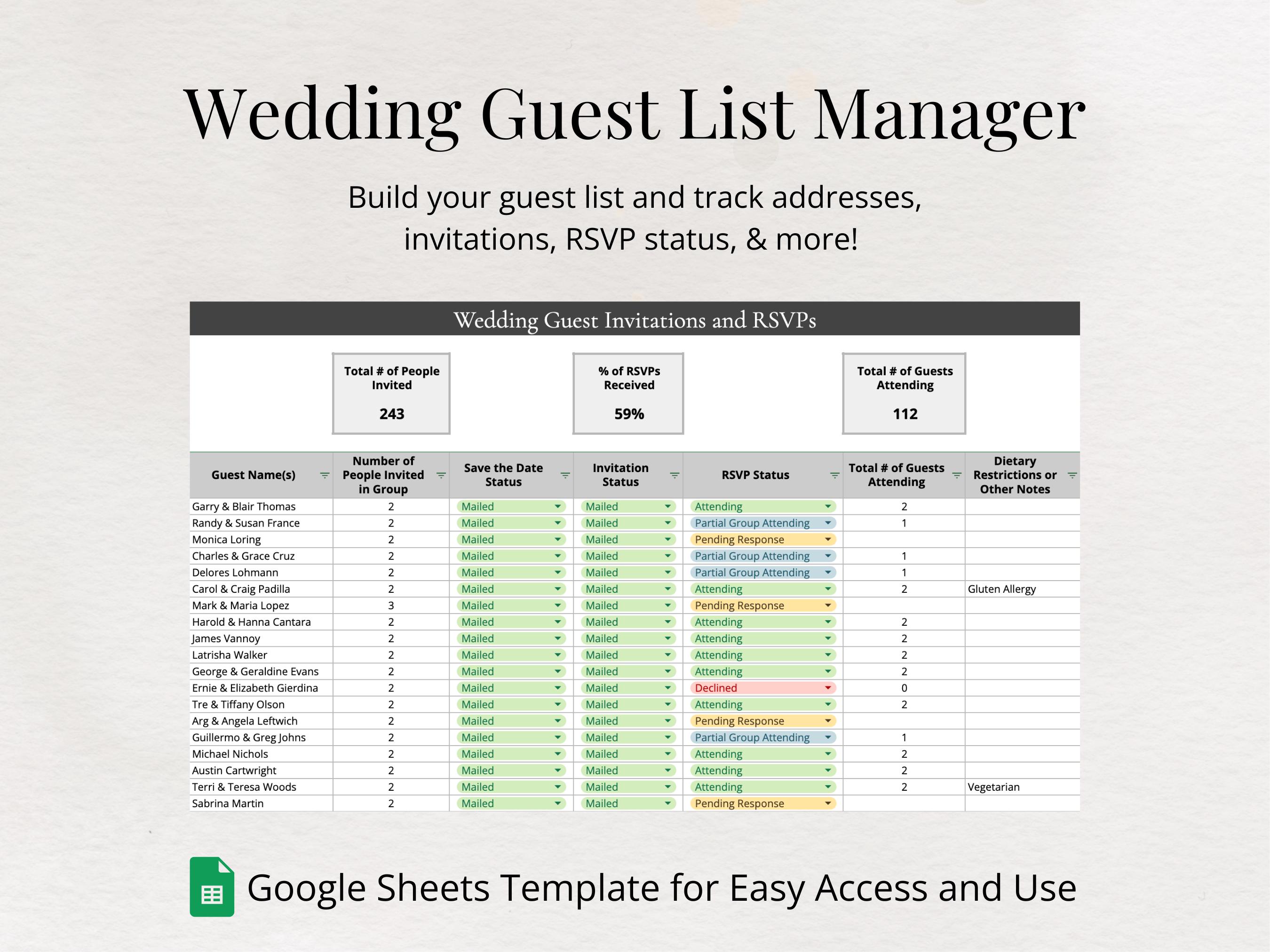 Wedding Planning Guest List Google Sheets Template | Instant Digital ...