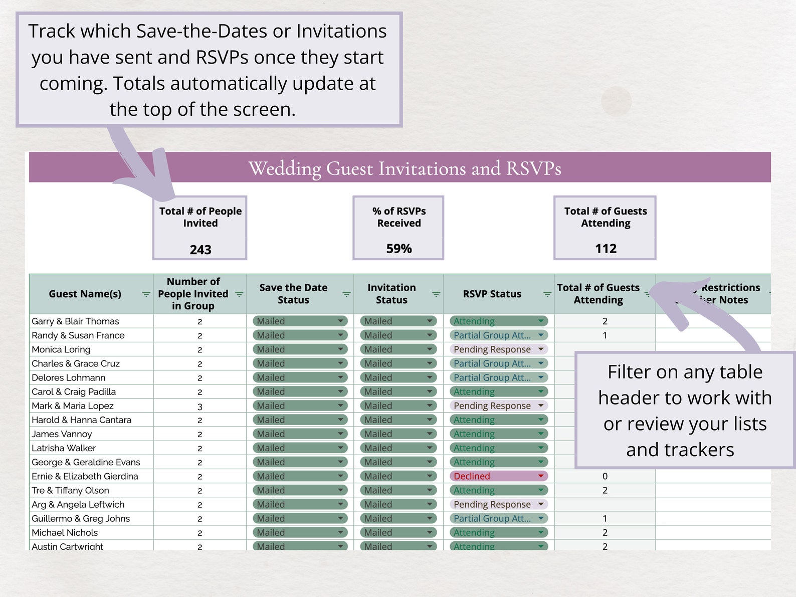 Wedding Planning Guest List Google Sheets Template | Instant Digital ...
