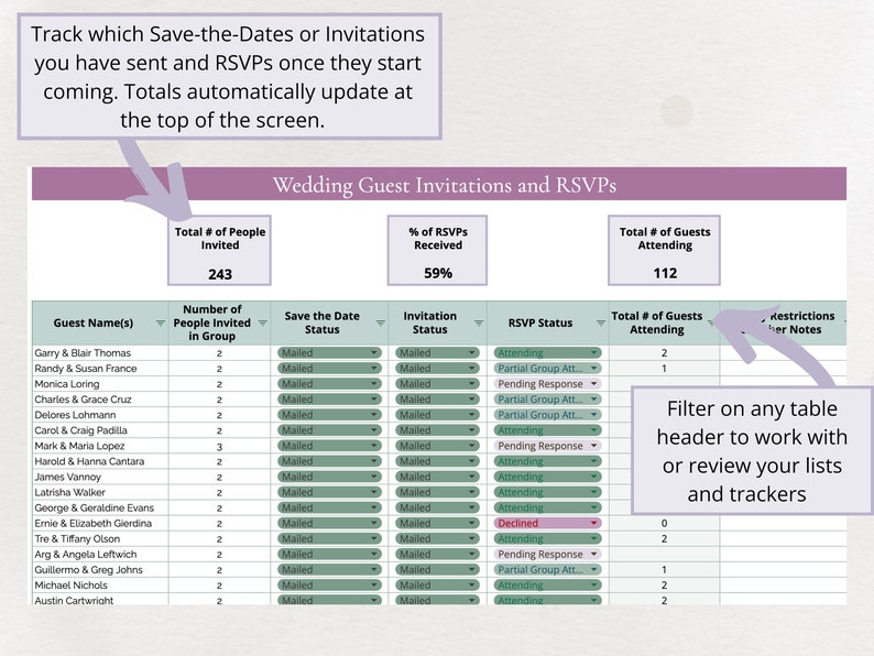 Wedding Planning Guest List Google Sheets Template | Instant Digital ...
