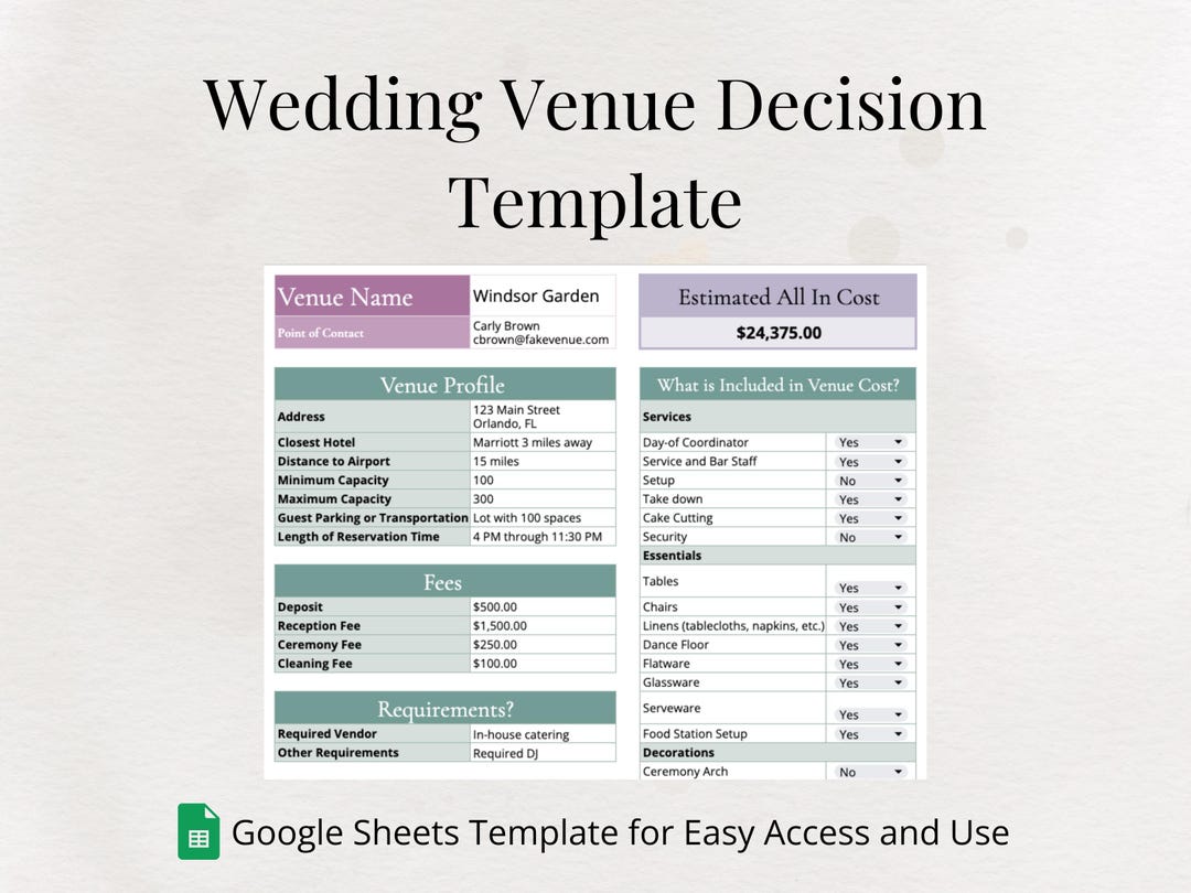 Wedding Venue Decision Google Sheets Template | Instant Digital ...