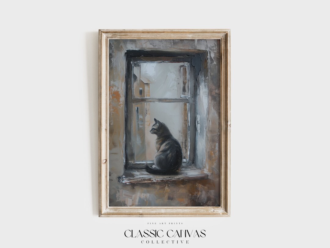 Contemplative Cat in Window | Vintage Village Art | Cozy Home | Digital ...
