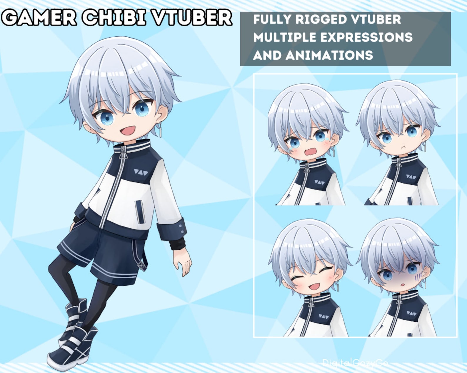 Gamer Chibi Vtuber Model | ORIGINAL DATA + PSD | 5 Expressions, Glasses ...