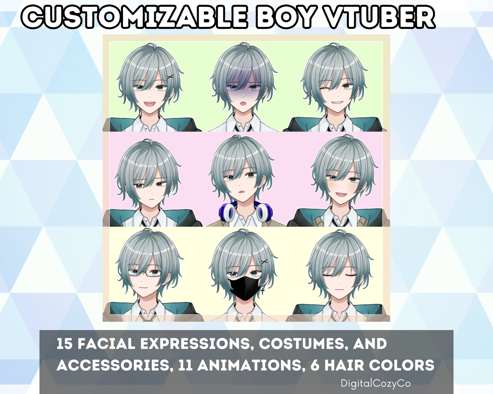 Customizable Boy Vtuber ORIGINAL DATA + PSD | 15 Expressions, Costumes ...