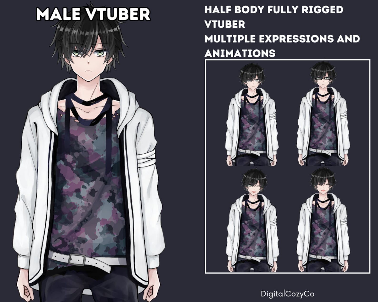 Male Vtuber Model ORIGINAL DATA PSD 8 Expressions, Glasses, Hair Color Toggle Vtubestudio ...