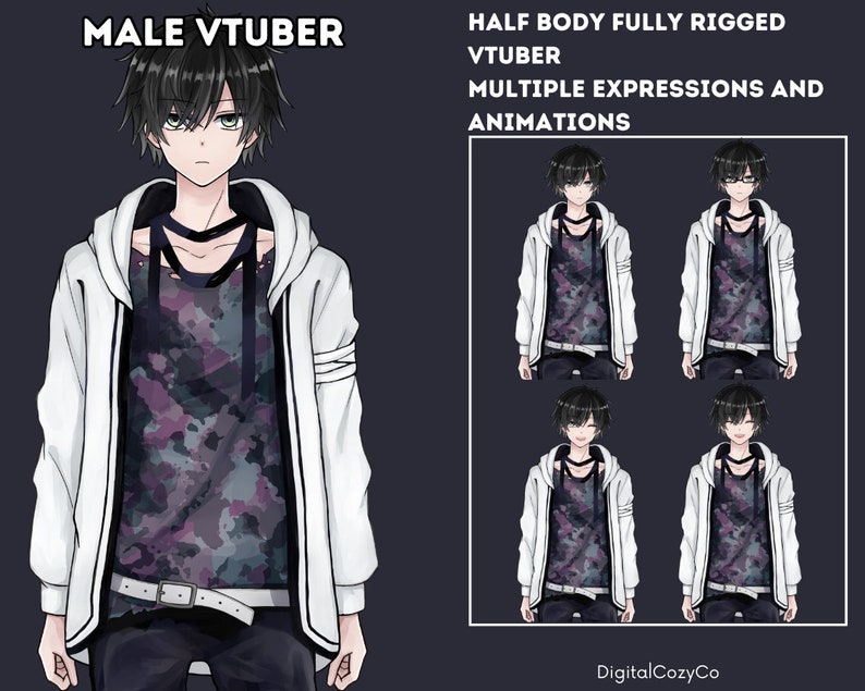 Modelo Vtuber Masculino DADOS ORIGINAIS + PSD | 8 expressões, óculos ...