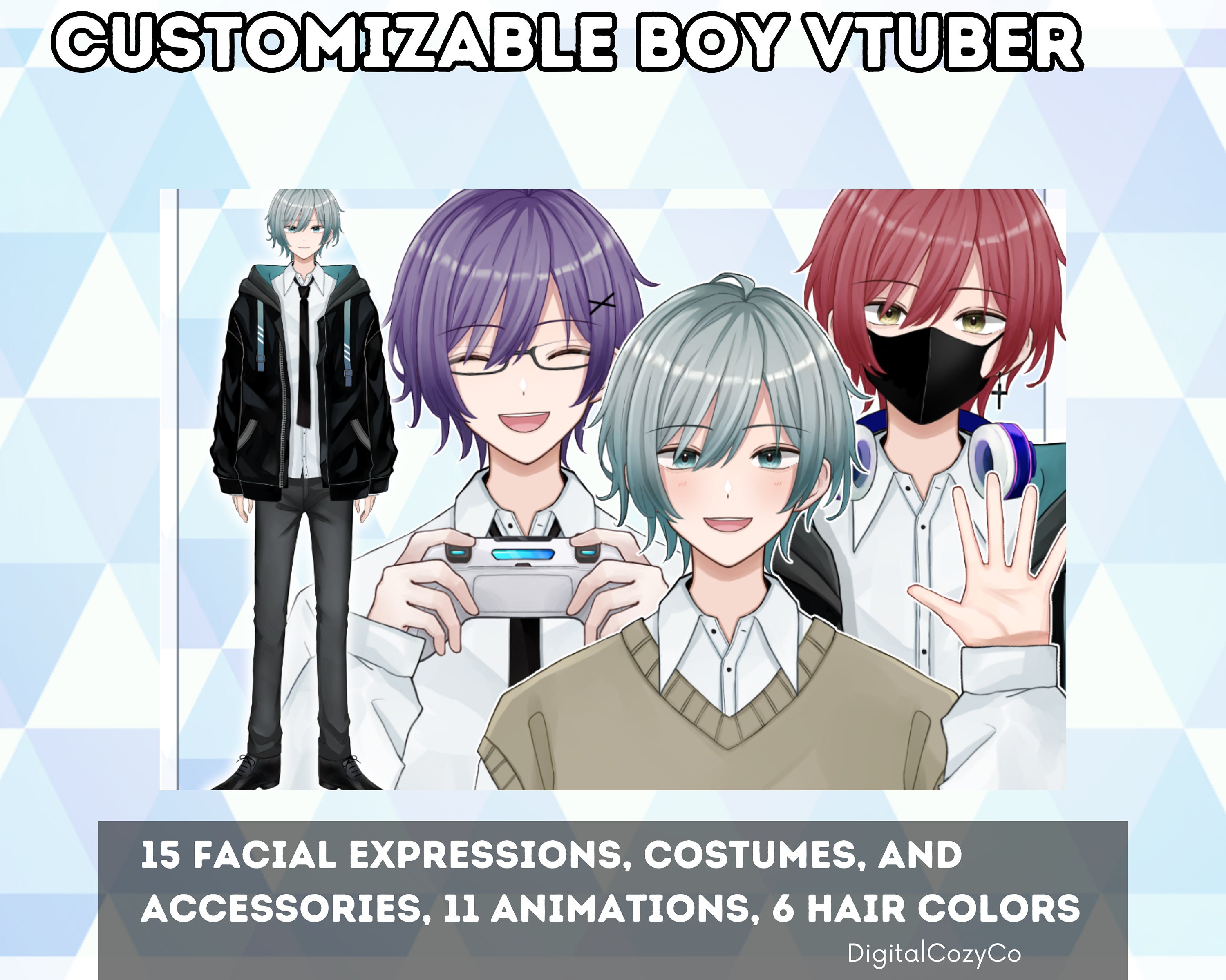 Boy Vtuber Personalizable / Prefabricado / 15 expresiones, disfraces, accesorios, 11 animaciones ...