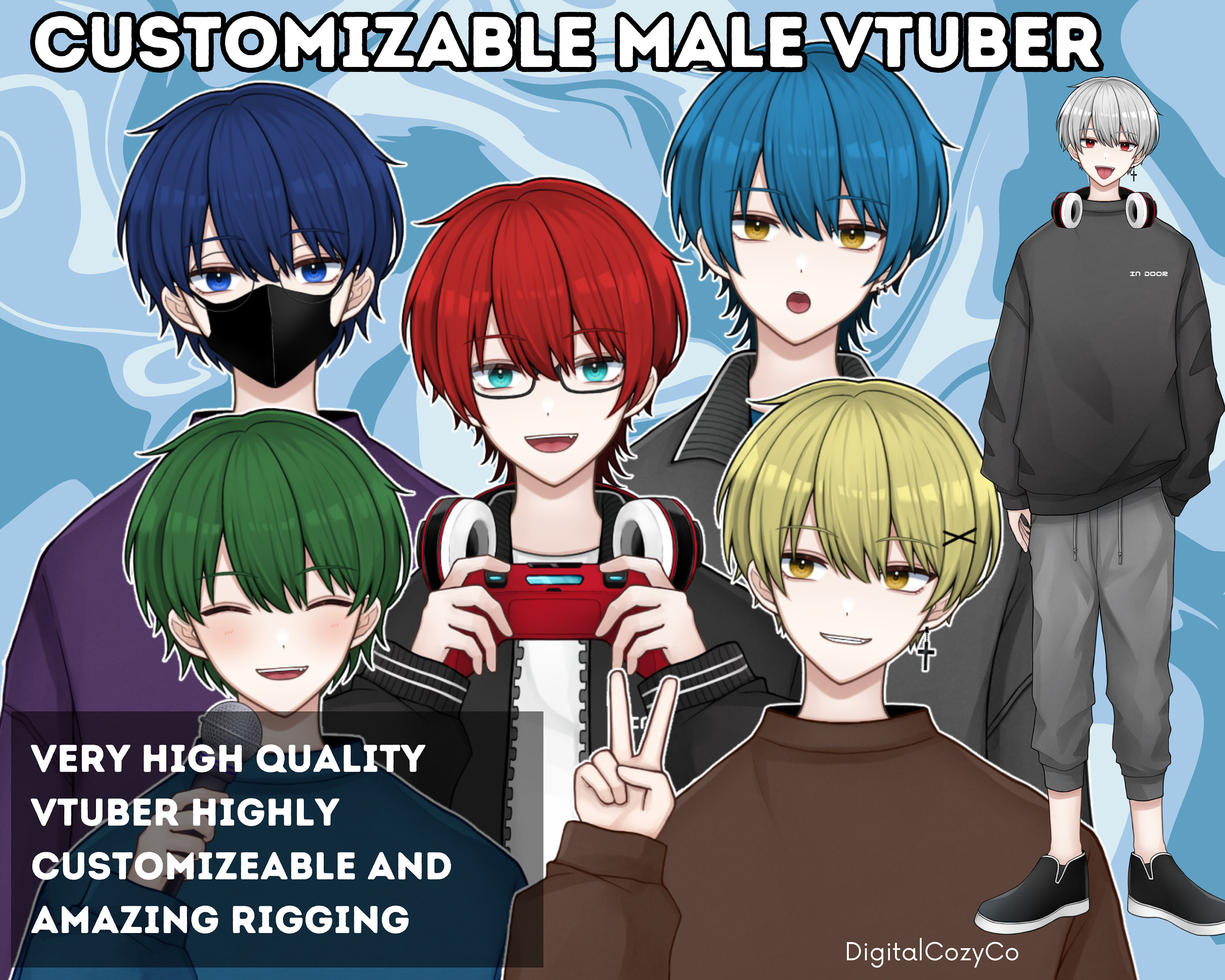 Customizable Male Vtuber ORIGINAL DATA + PSD | Hair Color, Eye Color, Clothing, Expression ...