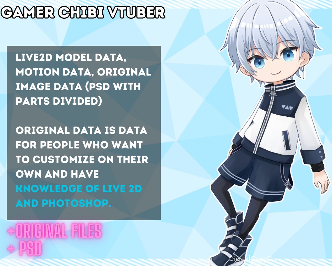 Gamer Chibi Vtuber Model | ORIGINAL DATA + PSD | 5 Expressions, Glasses ...
