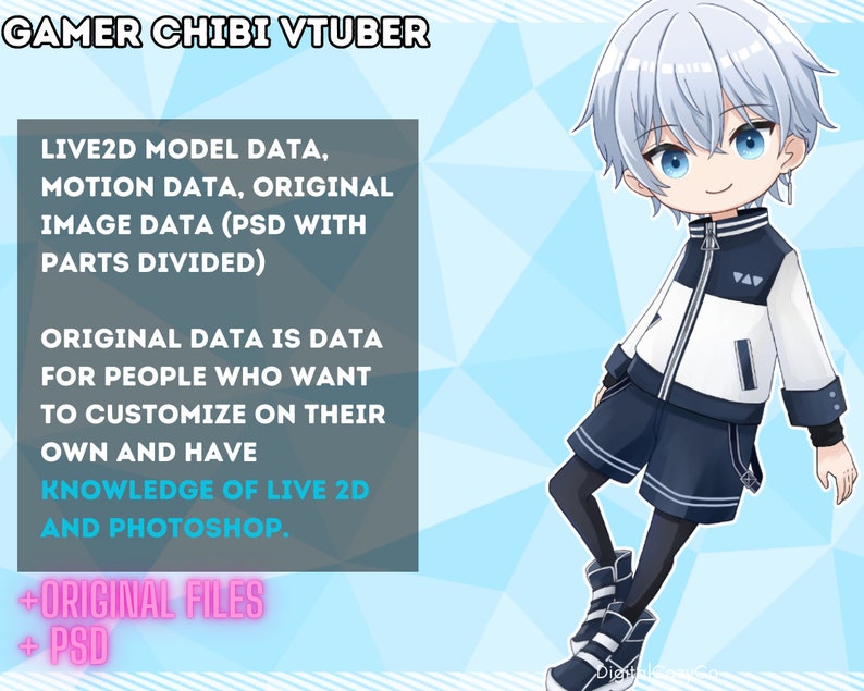 Gamer Chibi Vtuber Model / DATOS ORIGINALES PSD / 5 Expresiones, Gafas Pendiente Toggle ...