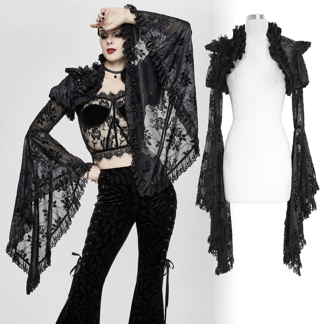 Dark Vintage Bat Flare Sleeve Top, Gothic Sheer Lace Mesh Top, Goth ...