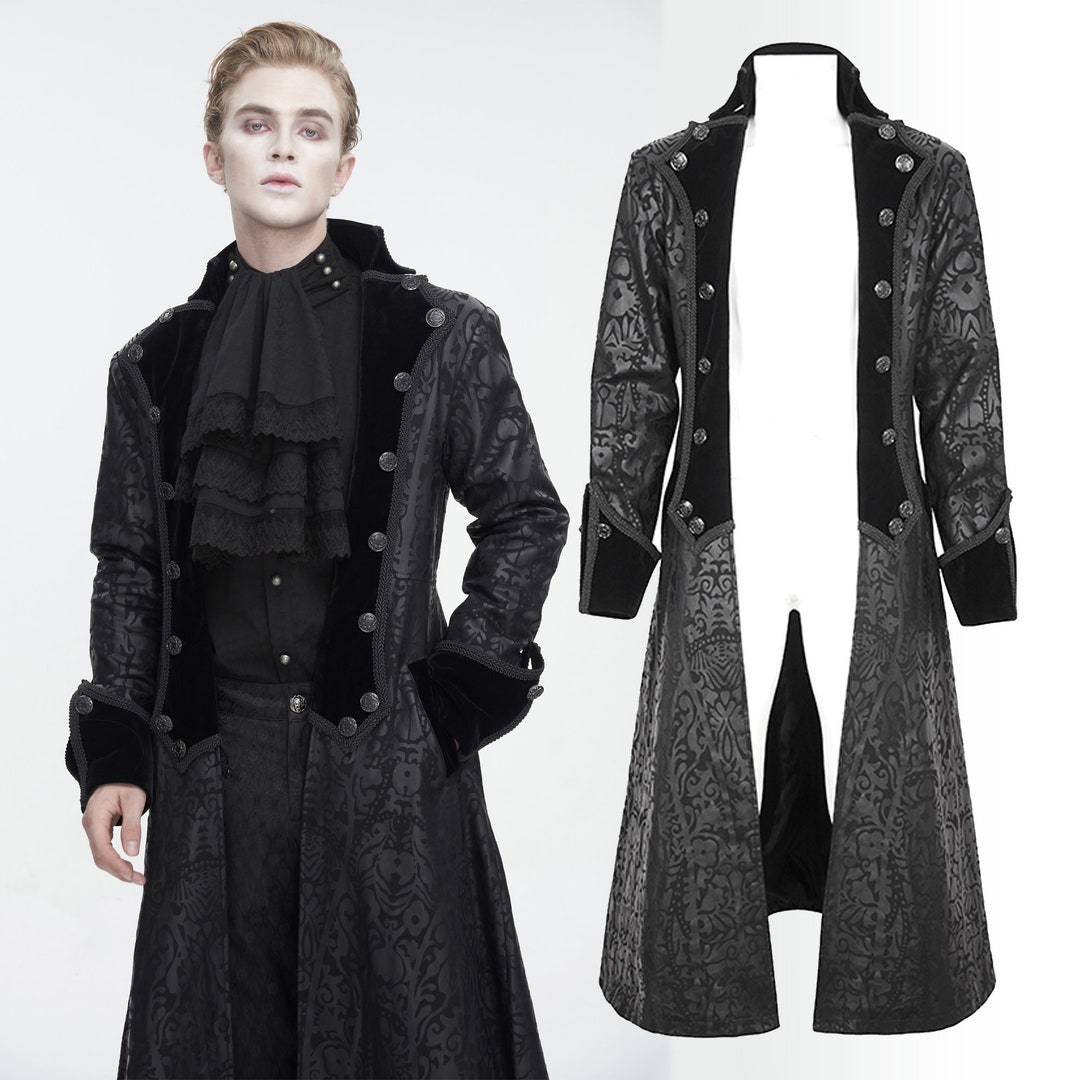 Black Vintage Gothic Dark Pattern Double-breasted Lapel Long Coat ...