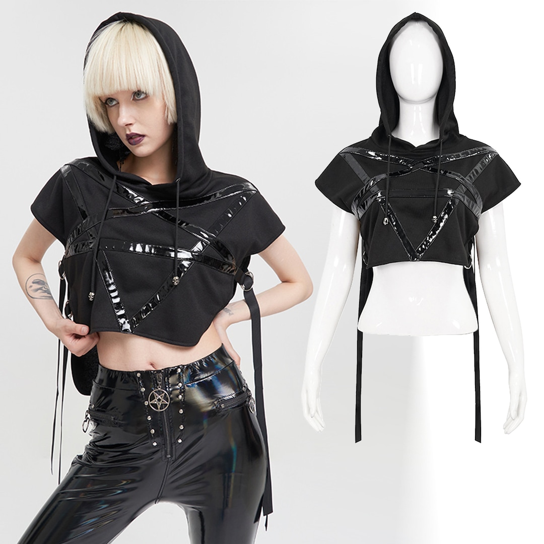 Black Punk Pentagram Hooded Short Top / Streetwear / Vintage / Retro ...