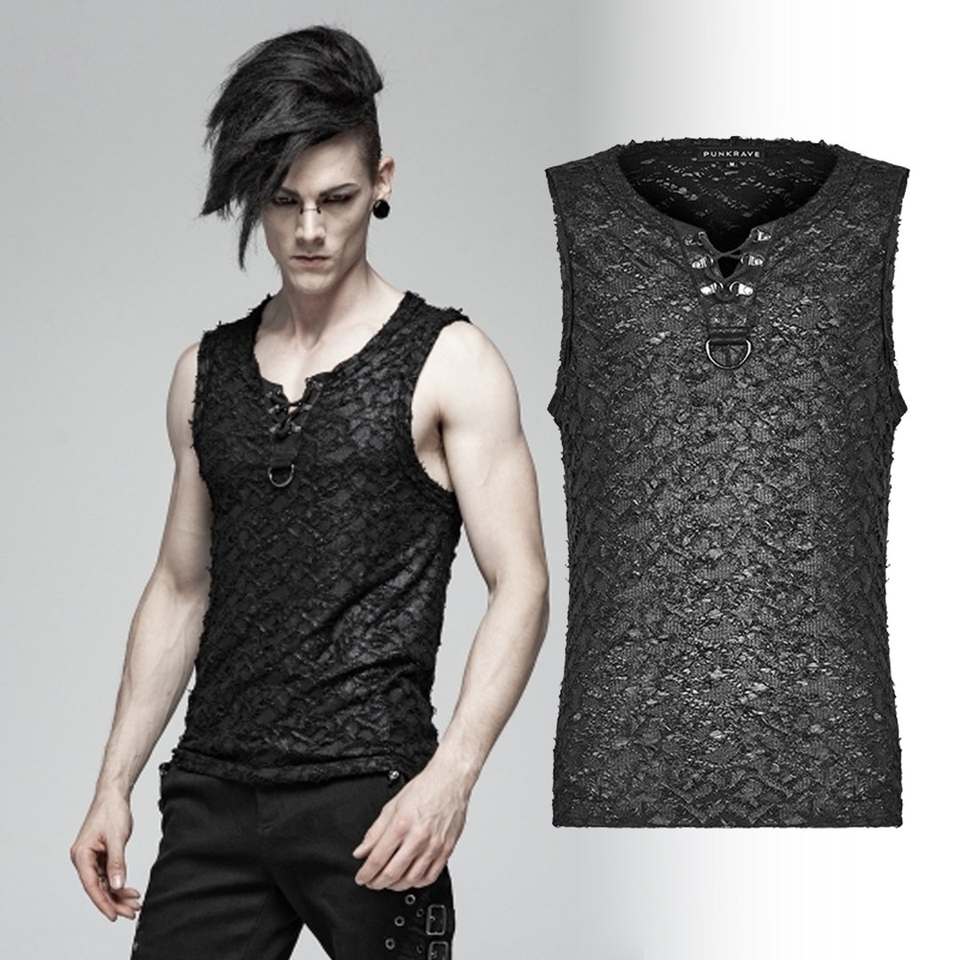 Summer Street Style Heavy Punk Mens Tank Top Micro-sheer Knitted Fabric ...