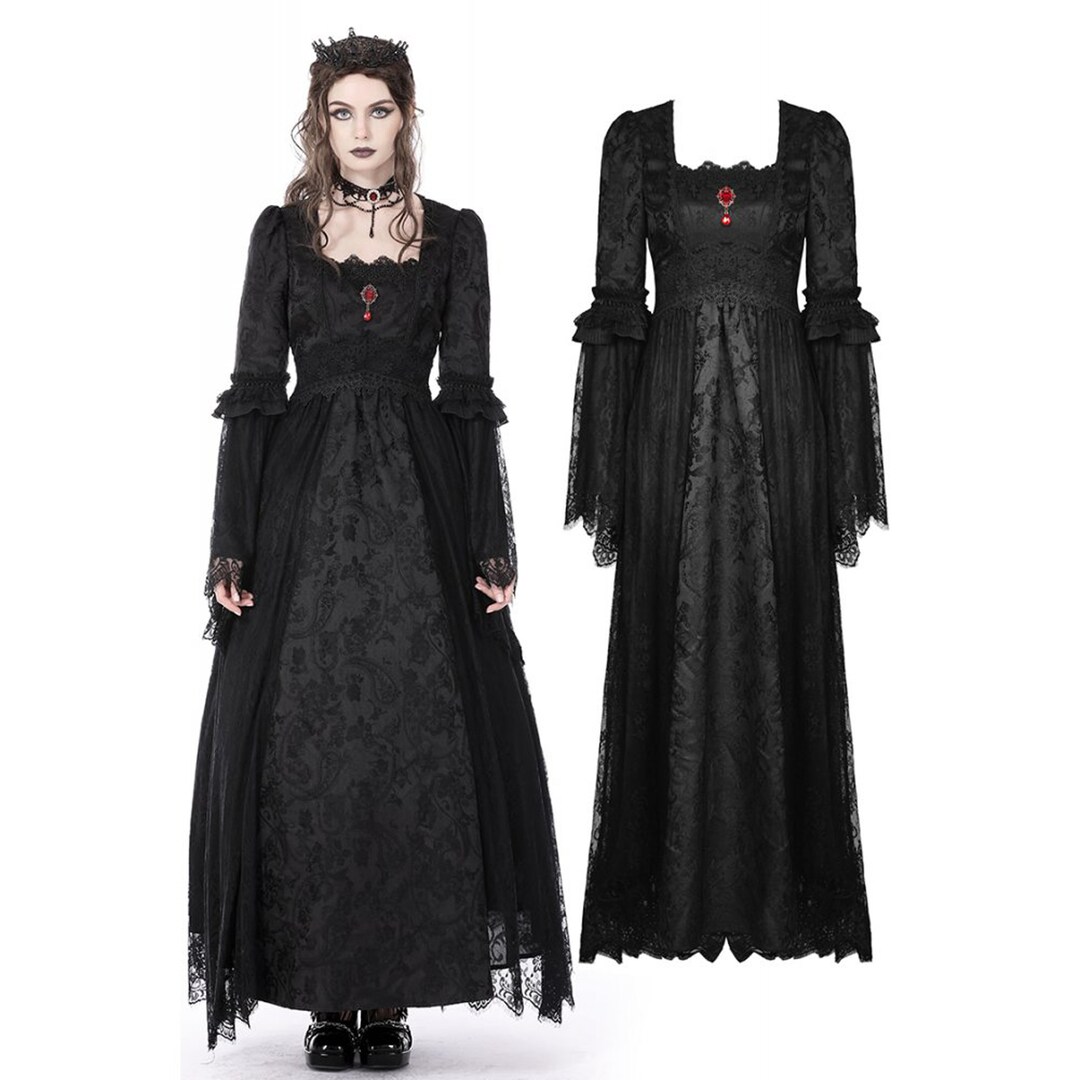 Victorian Gothic Long Black Brocade Maxi Dress ROMANTIC GOTH Dress ...