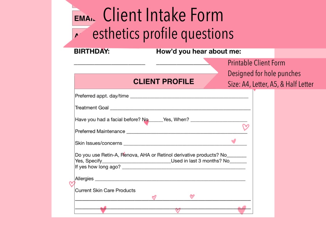 Esthetician Client Intake Form, Facial Forms, Esthetician Template ...