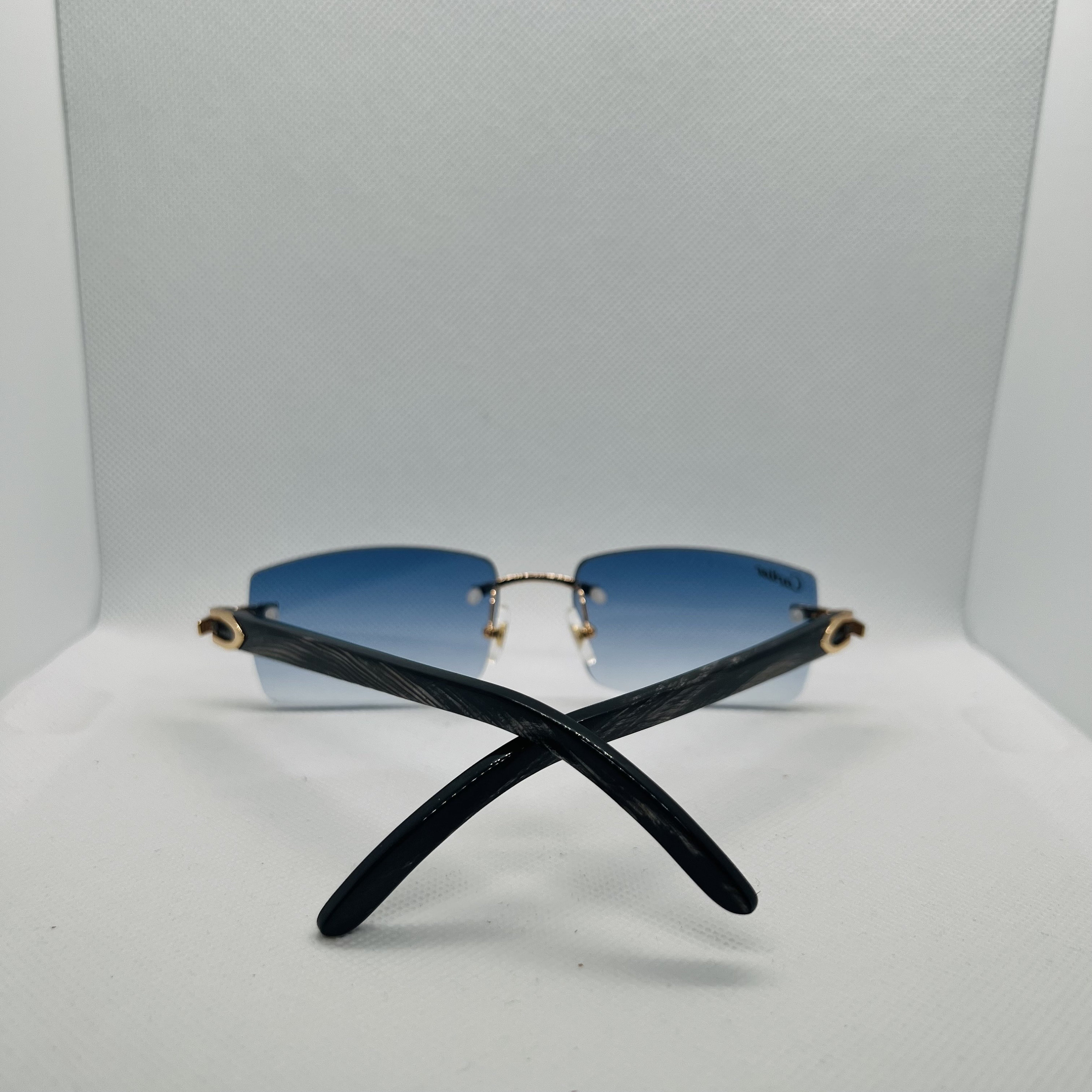 Top Tier buffs Gold/black Buffalo Horn Rimless Sunglasses W/ Blue ...
