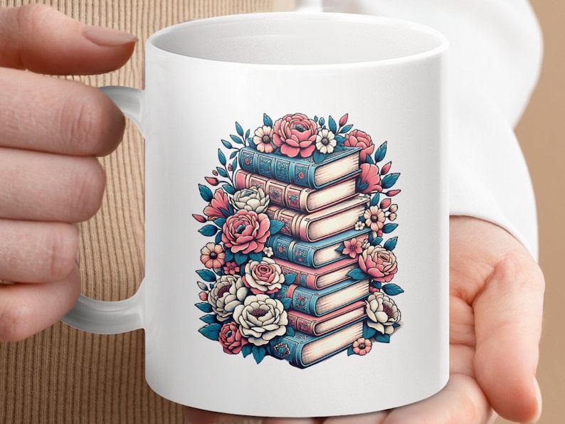 Vintage Books and Floral Illustration Mug, Unique Book Lovers Gift ...