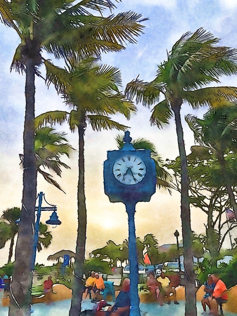 Ft. Myers Beach Print: Times Square Clock, Florida Watercolor Art - Etsy