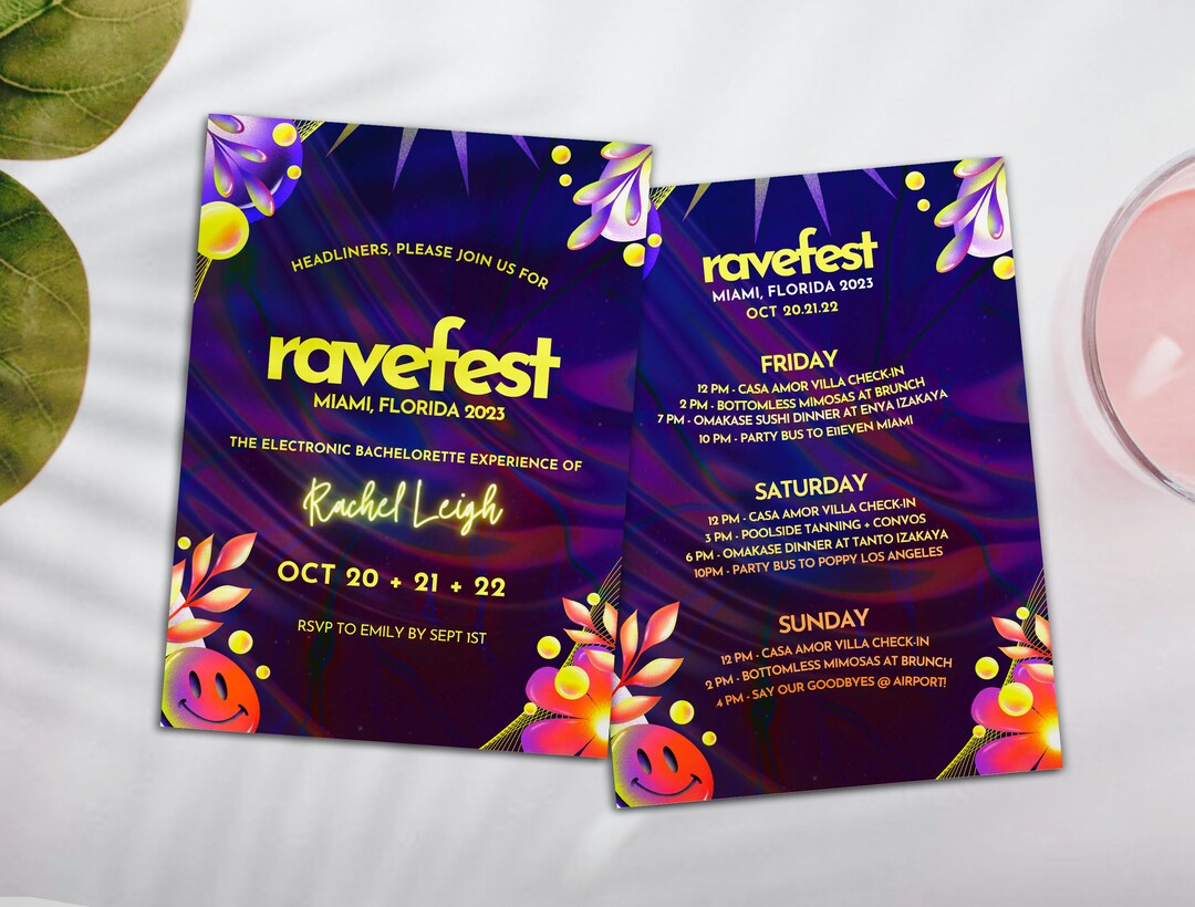 RAVE FEST Bachelorette Birthday Weekend Itinerary Template | Party ...