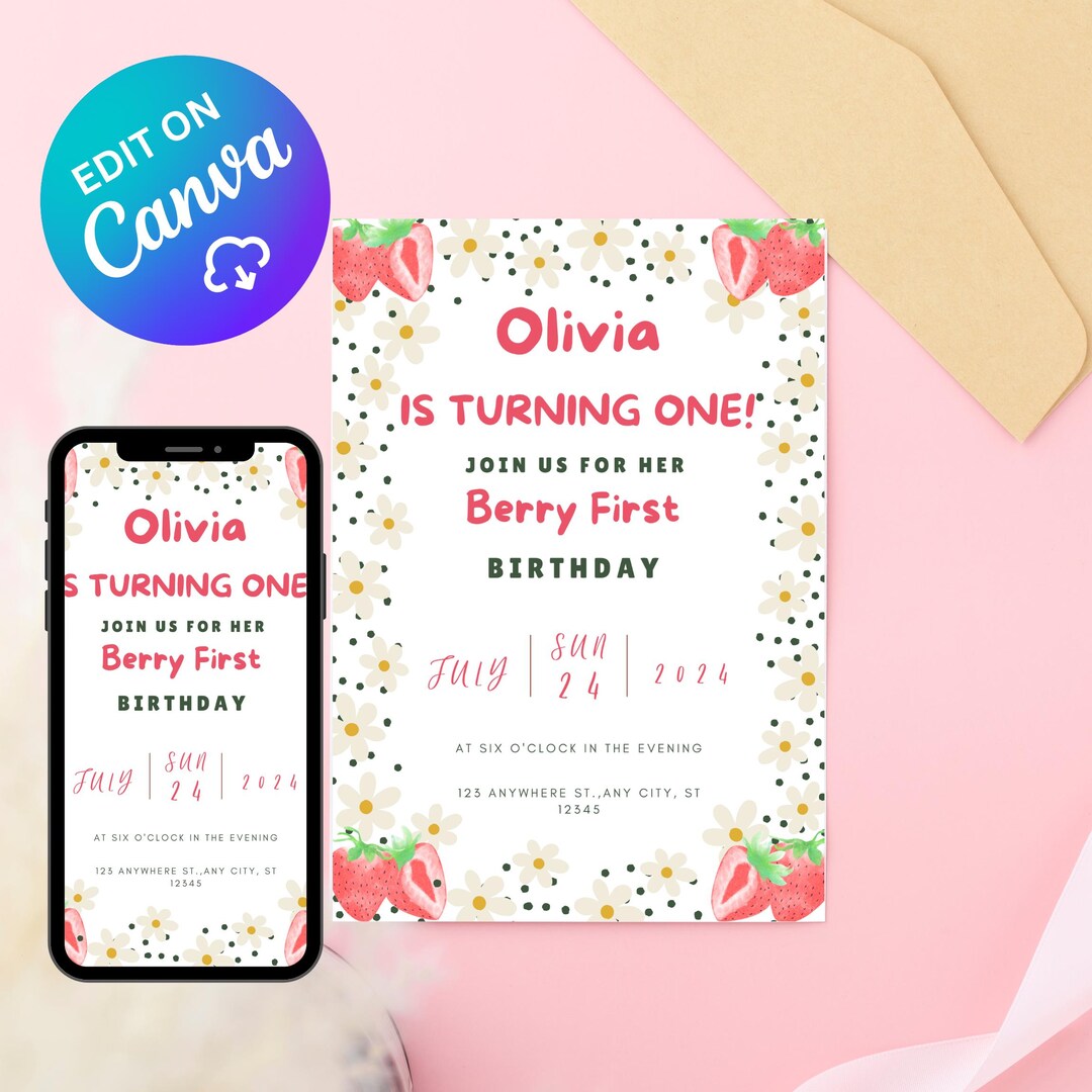 Editable Berry First Birthday Template Strawberry Birthday Invitation ...