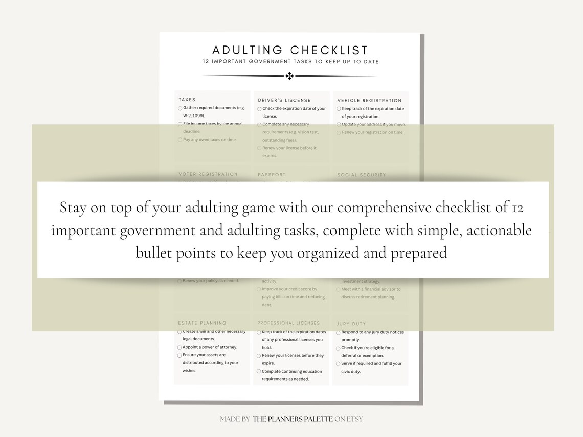 Minimalist Adulting Checklist Printable | 12 Important Government Tasks PDF | Instant Download ...