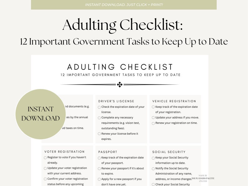 Minimalist Adulting Checklist Printable | 12 Important Government Tasks ...