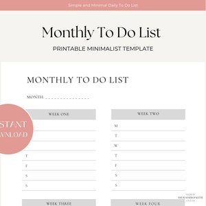 Simple Monthly to Do List Printable | Minimal Tasks List Template ...