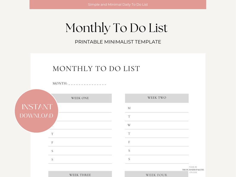 Simple Monthly to Do List Printable | Minimal Tasks List Template ...