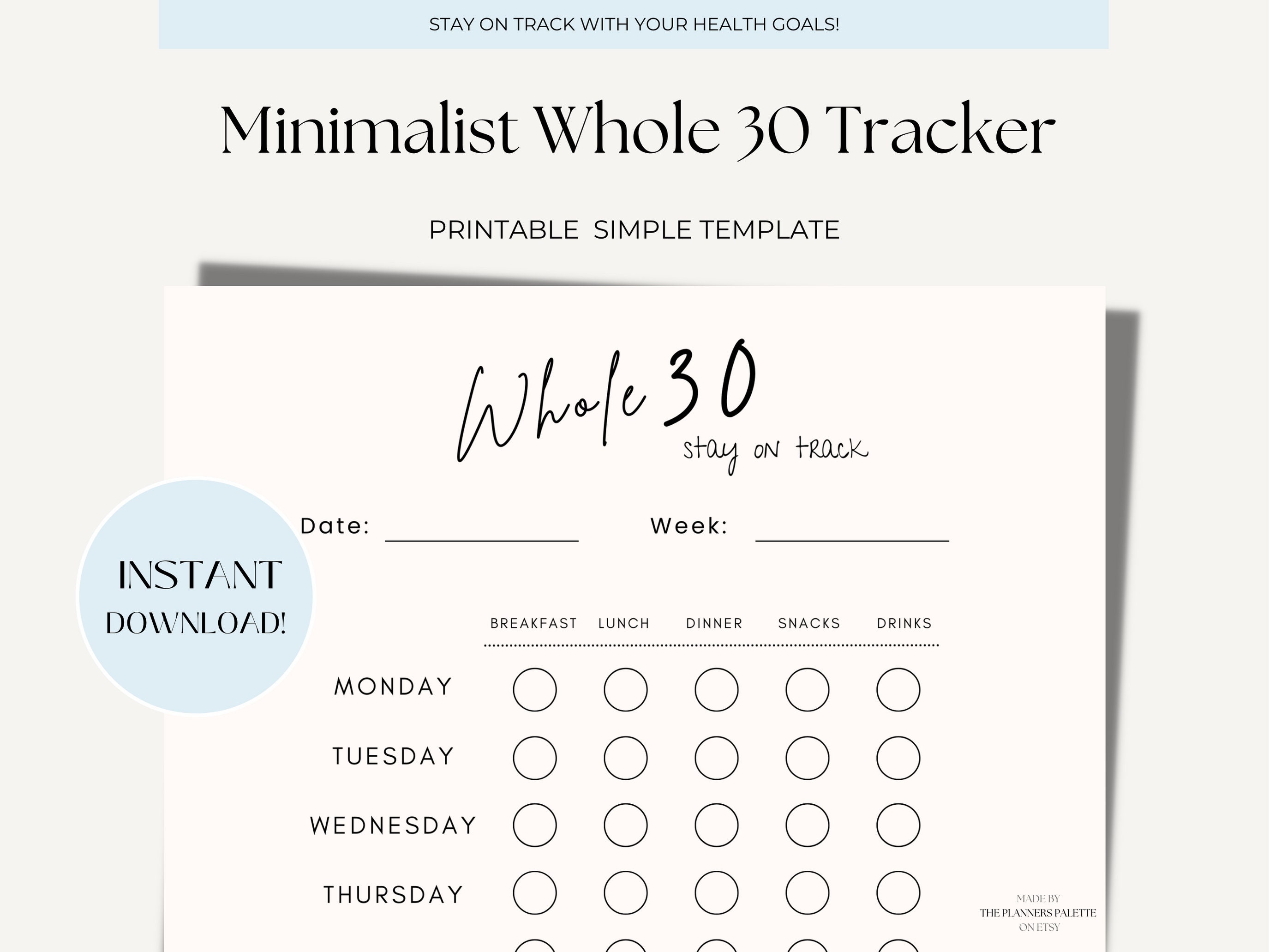 Simple Whole 30 Tracker Minimalist Printable Template Meal Planning ...