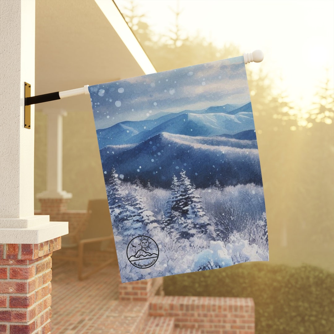 Blue Ridge Mountains in Winter Watercolor Garden & House Banner, Blue ...