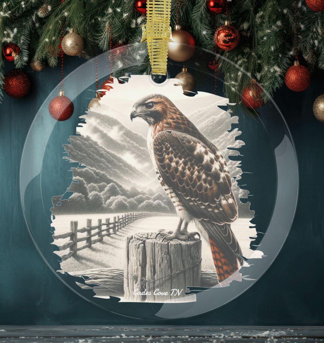 Redtail Hawk in Cades Cove TN Glass Ornament, Smoky Mountain Gift ...