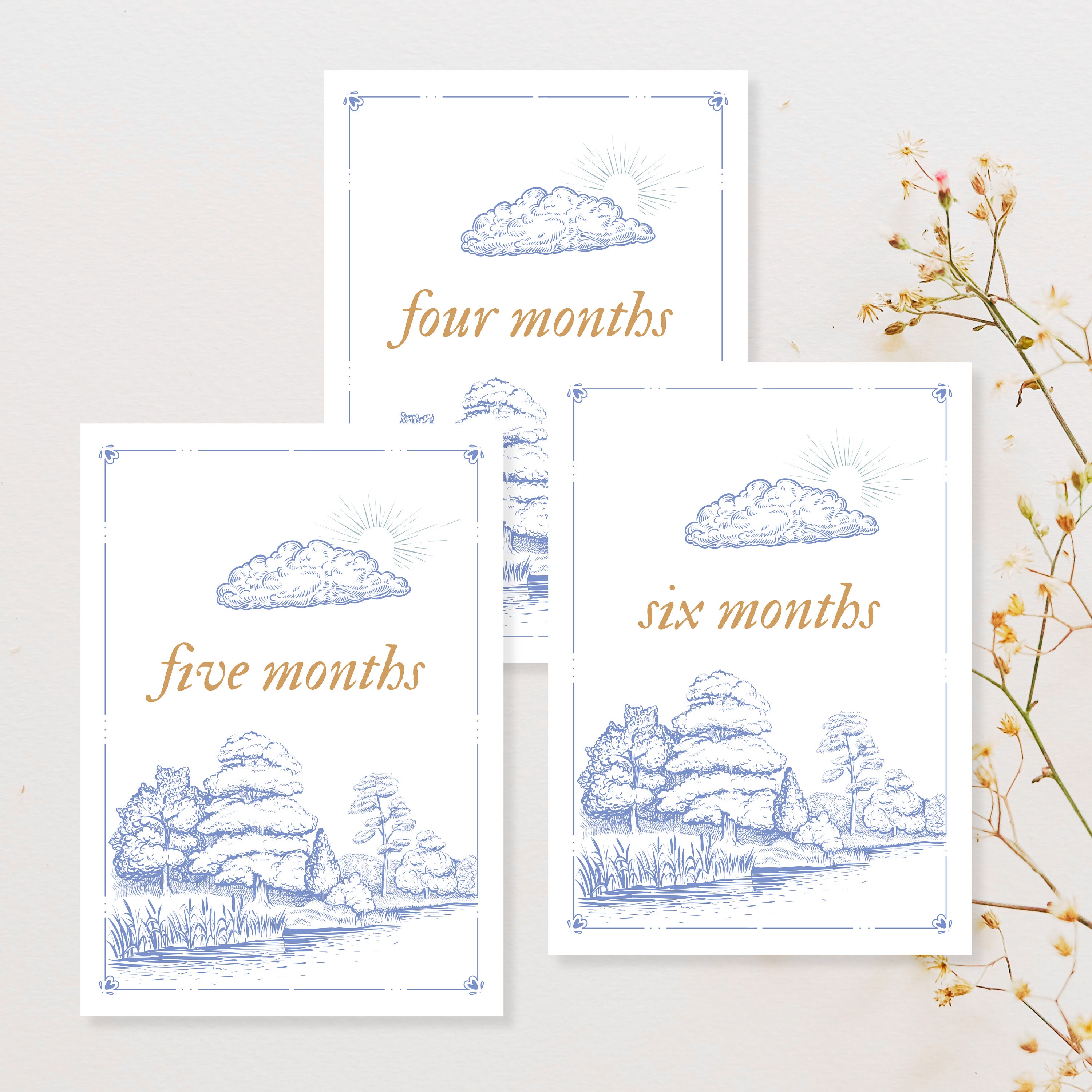 Blue Grand Millennial Landscape Printable Set of 13 Baby Monthly ...