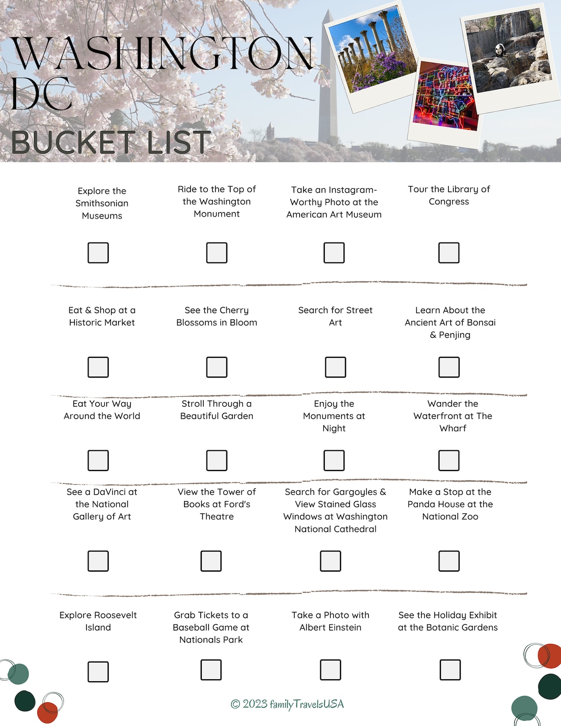 Washington DC Bucket List Printable | Travel Bucket List | Washington ...