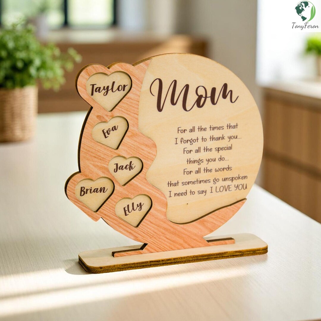 Custom Engraved Wooden Sign for Mom – Personalized Heart-shaped Mother ...