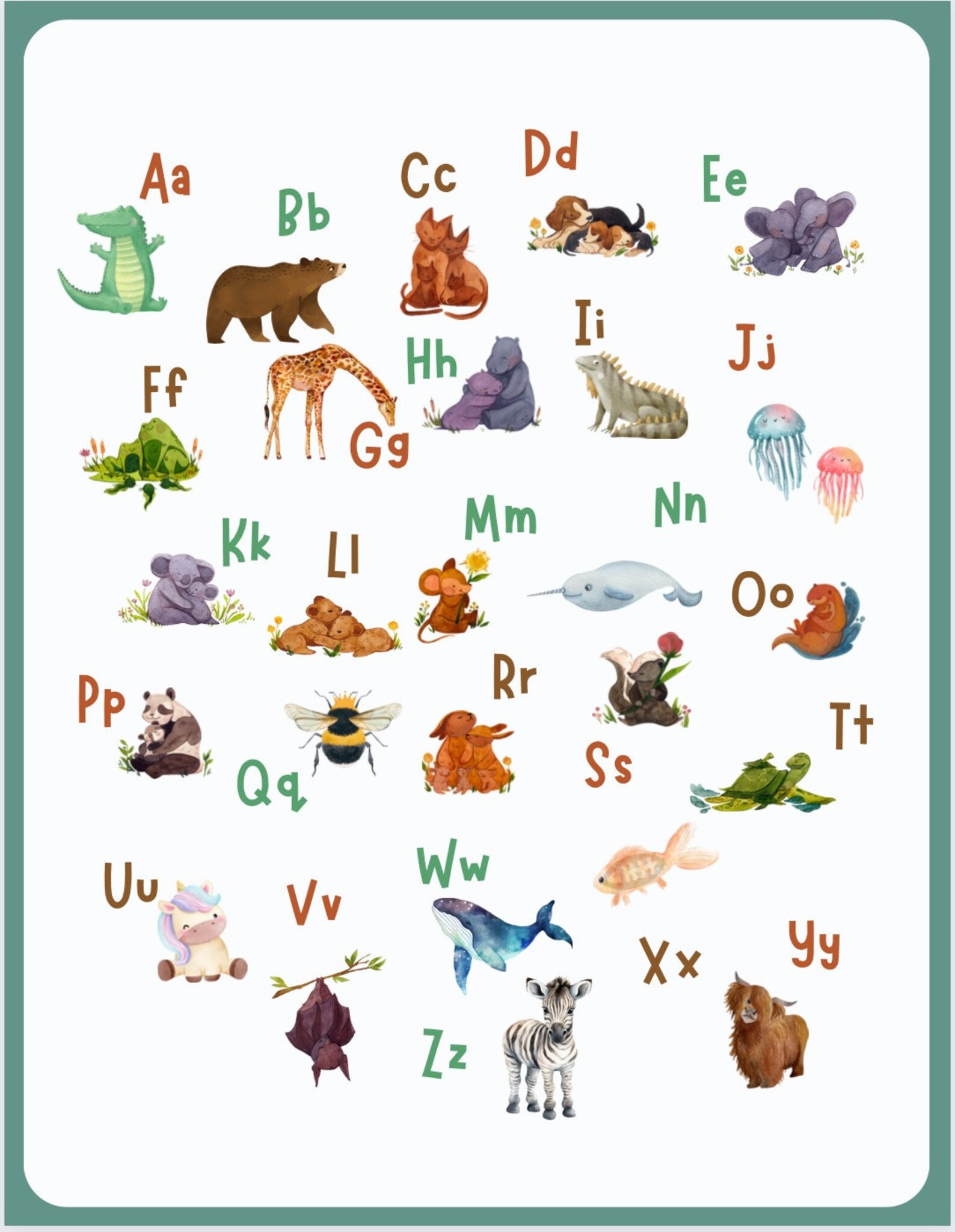 Learning My Abc's Poster, Printable Poster of Animals and Corresponding ...