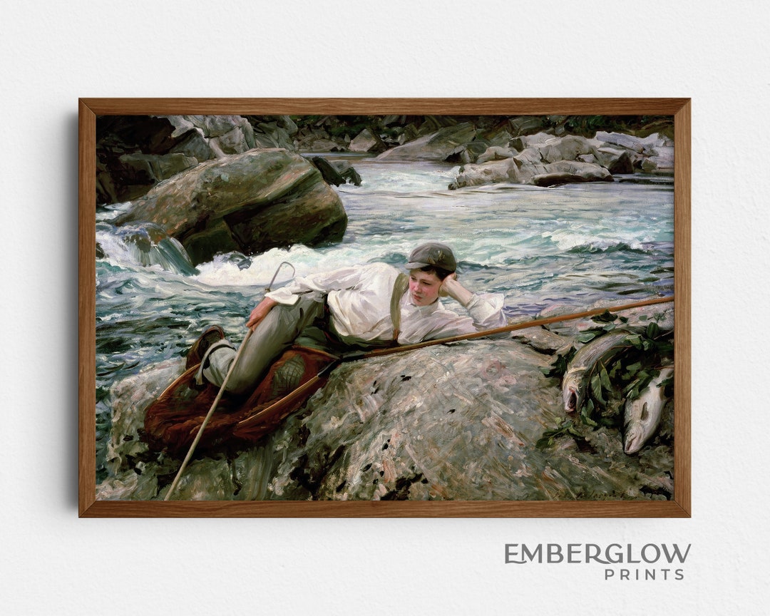 Moody Boy Fishing River / Rustic Lakehouse Decor / Vintage Portrait ...