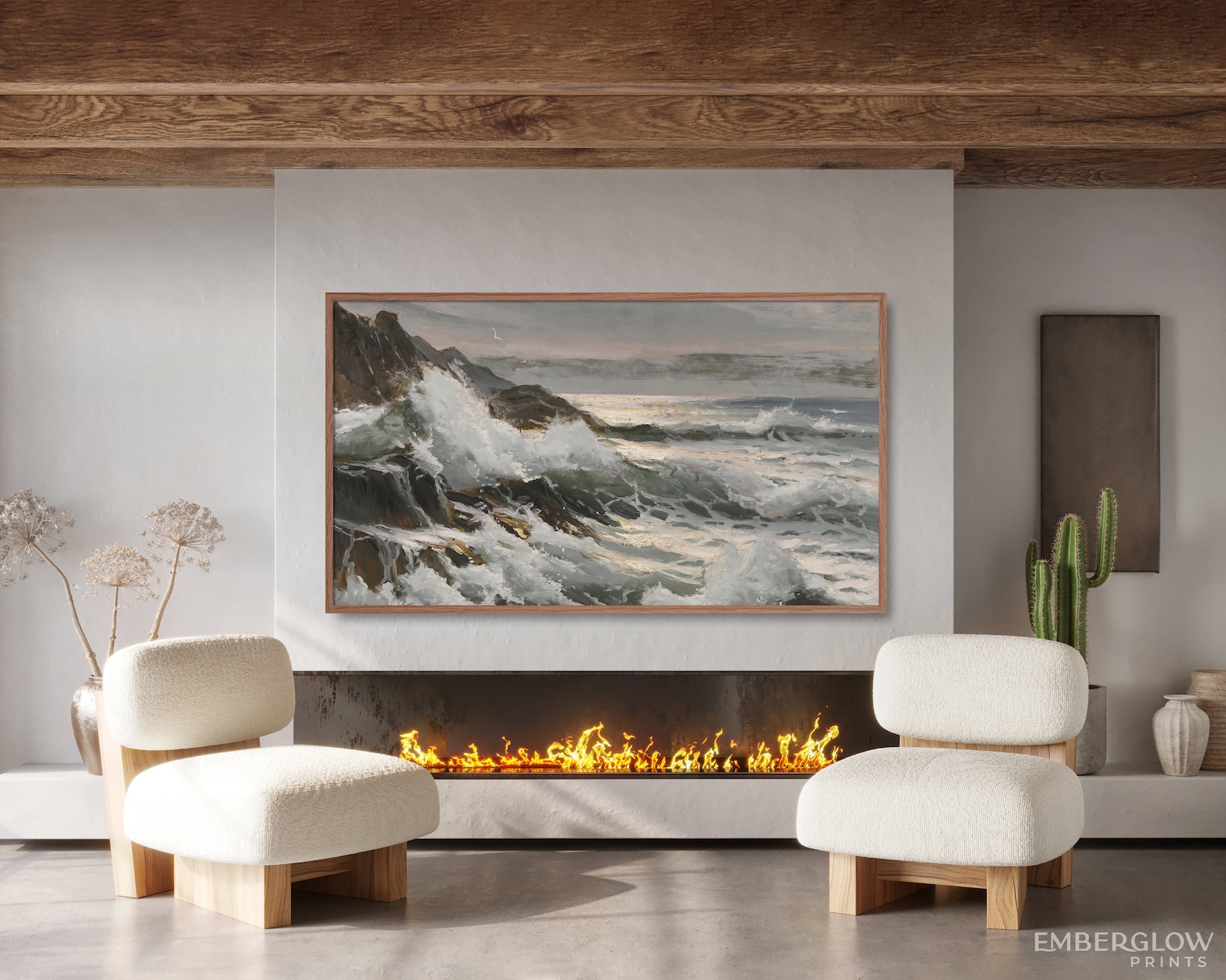 Frame TV Art / Rocky Rough Stormy Waves Beach Ocean Landscape Painting ...