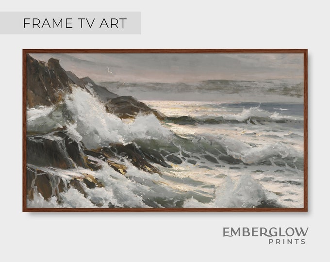 Frame TV Art / Rocky Rough Stormy Waves Beach Ocean Landscape Painting ...