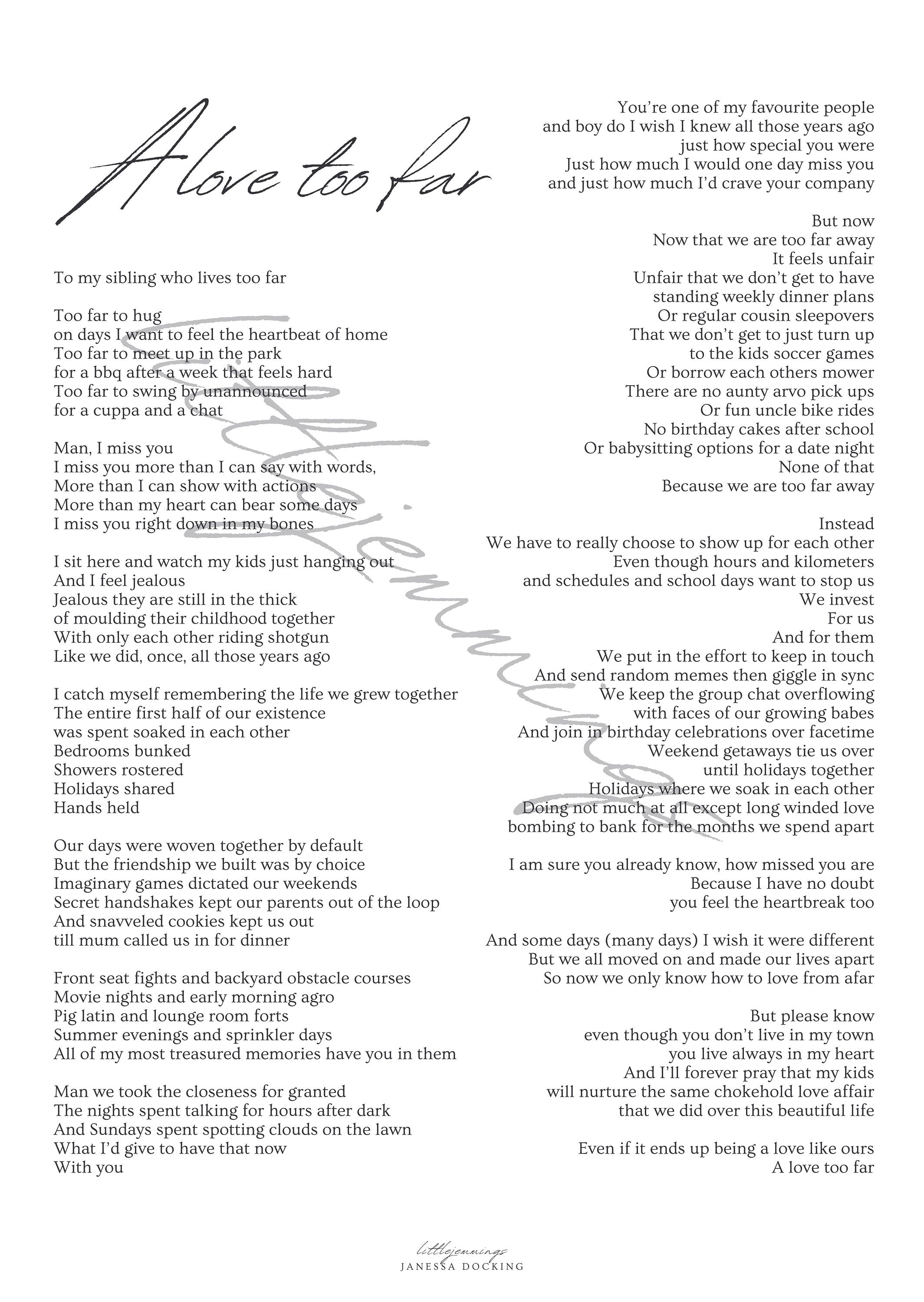 A Love Too Far. A Love Letter to Siblings Who Aren't Close Enough. - Etsy