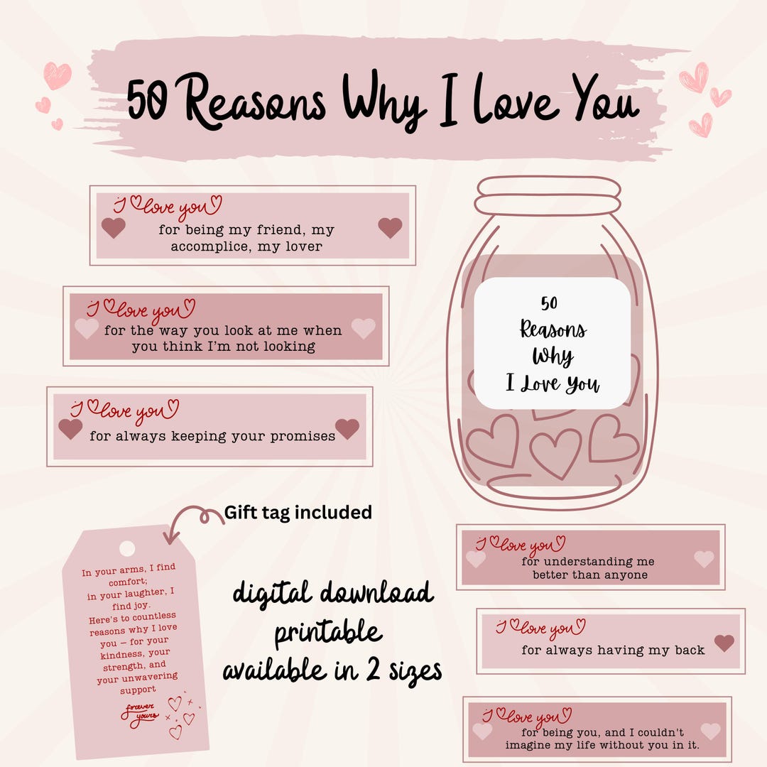 Reasons Why I Love You Printable Gift for Him Love Jar Husband Gift ...
