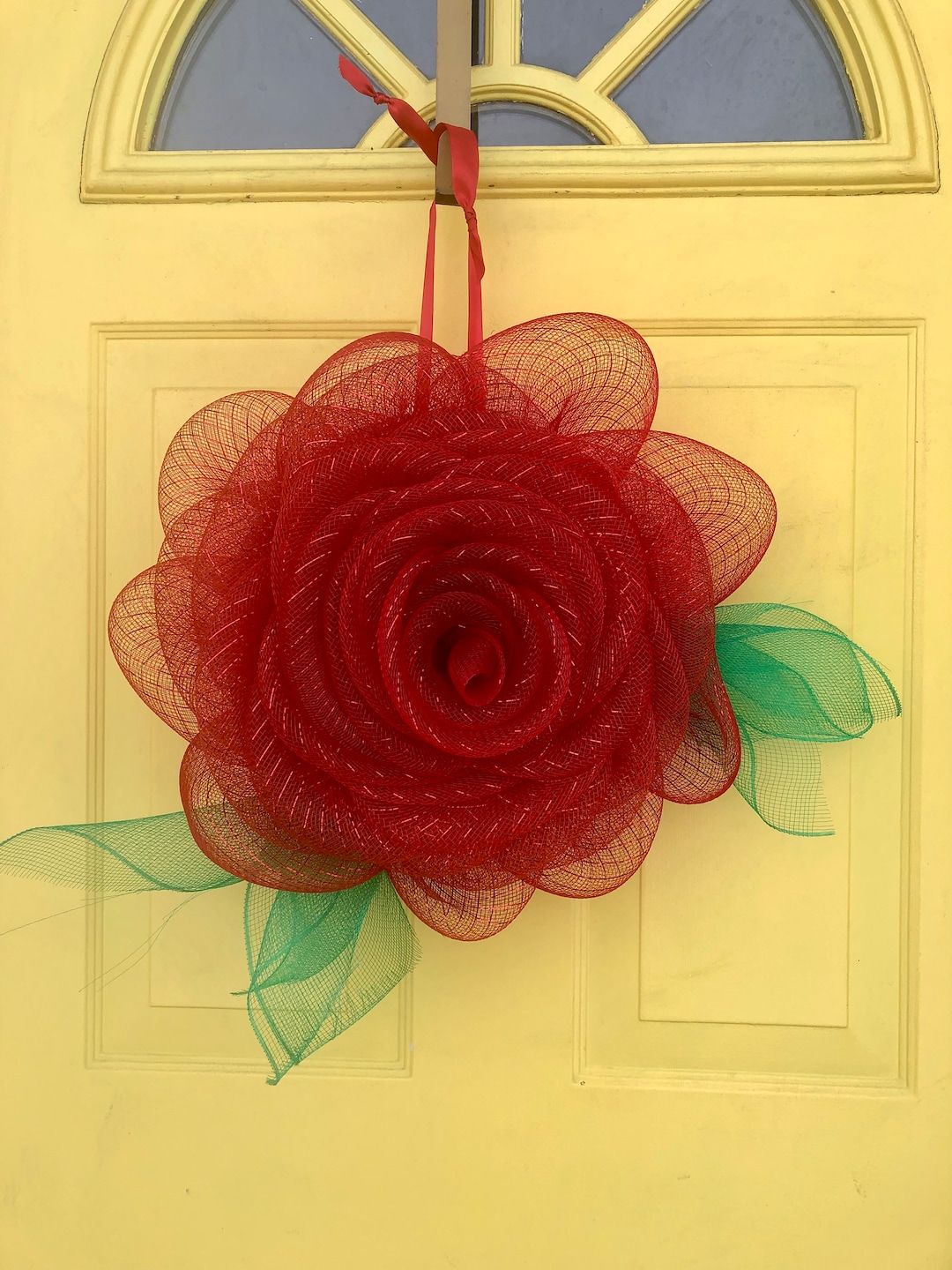 Red Deco Mesh Rose Wreath - Etsy