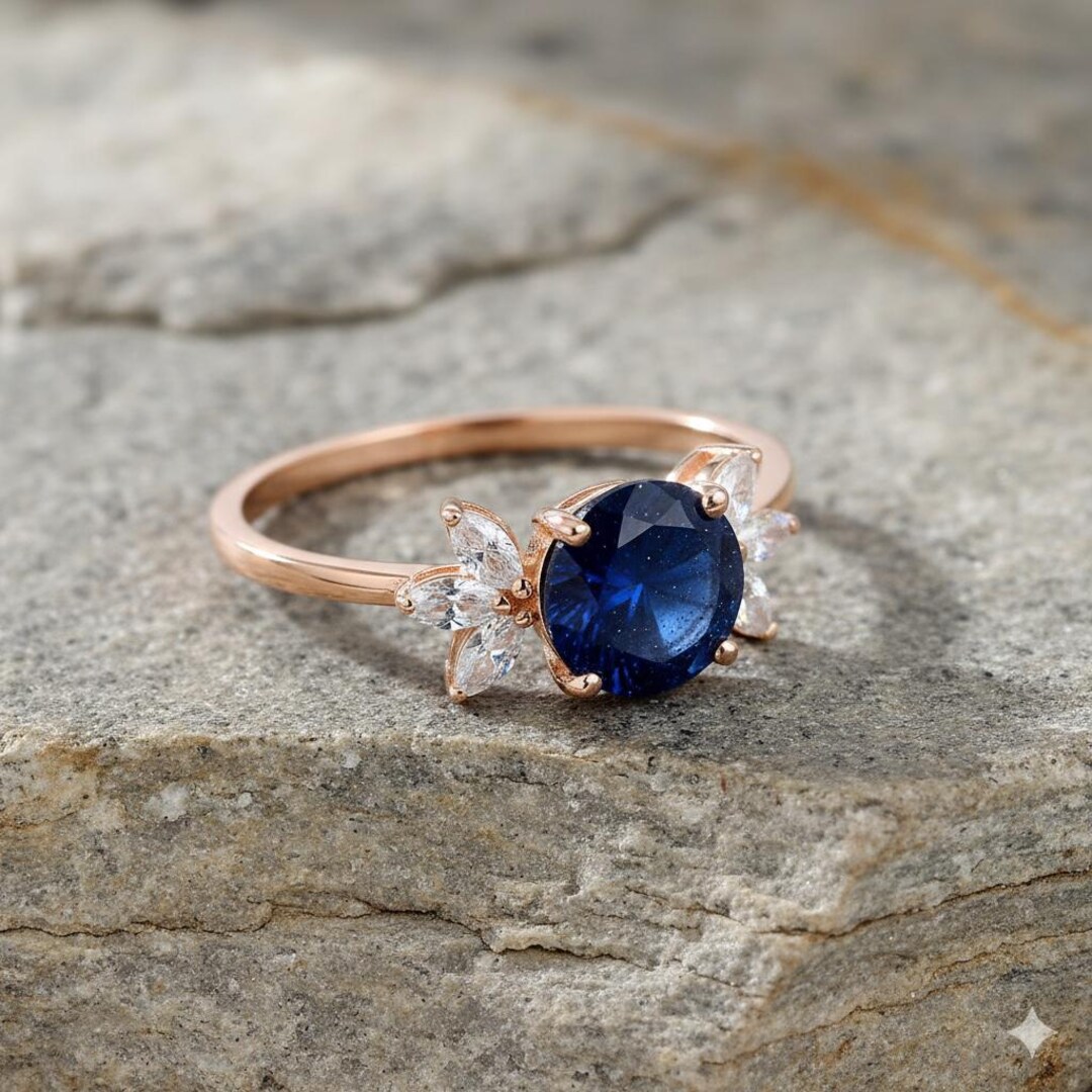 Galaxy Blue Sandstone Engagement Ring for Woman: Round Cut 14k Gold ...