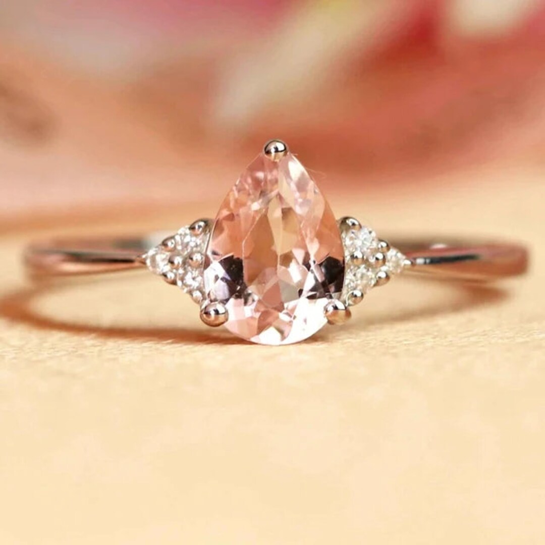 Pear Cut Morganite Engagement Ring for Woman 14k White Solid Gold ...