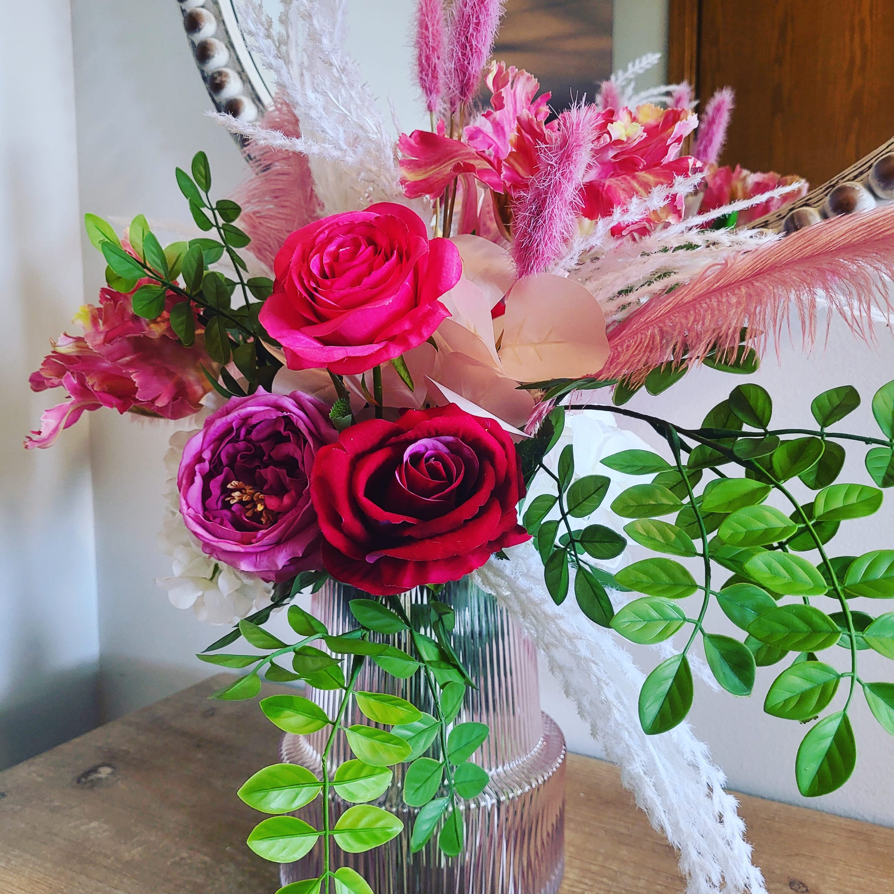 Modern Boho Pink Feather Floral Arrangement - Etsy