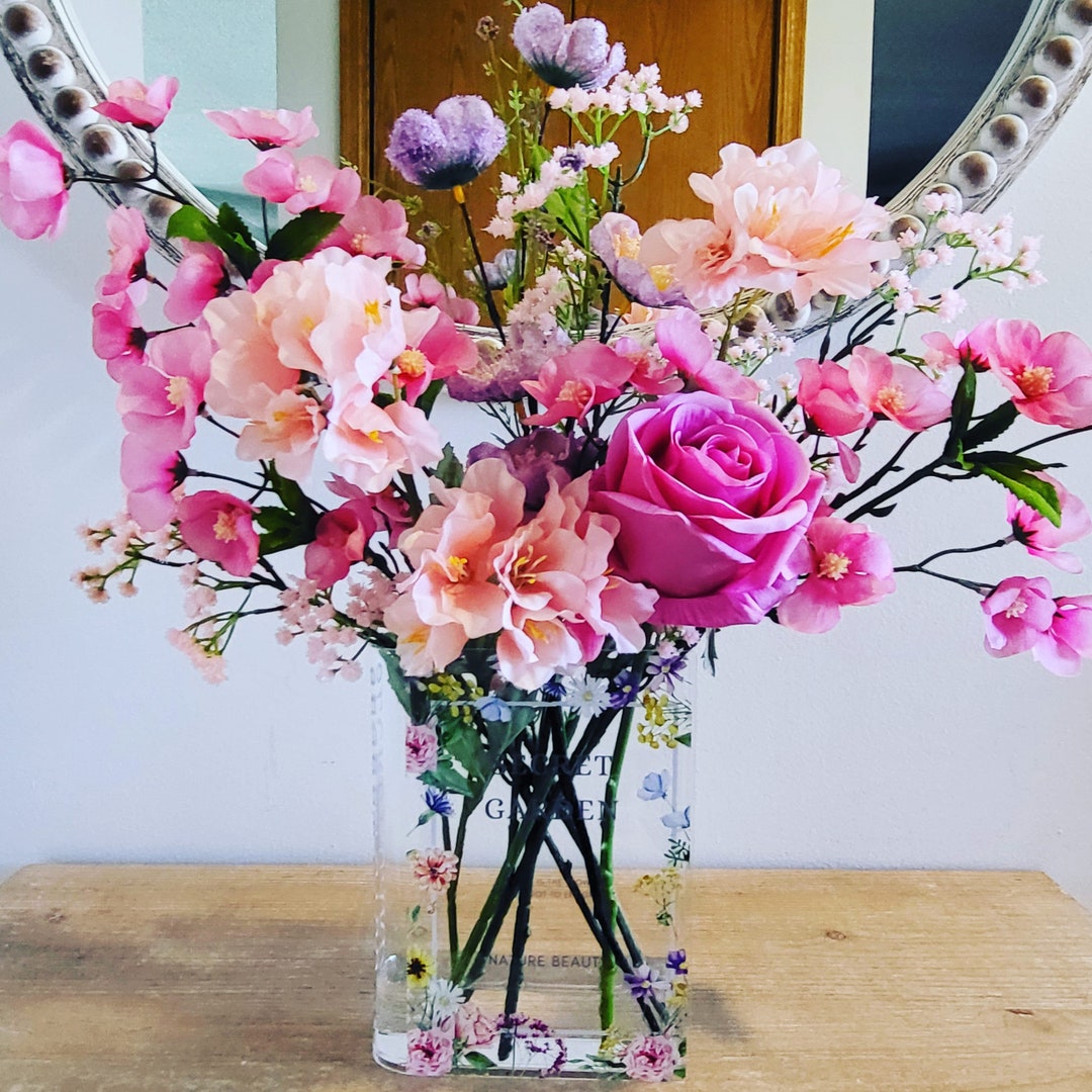 Modern Pink & Peach Boho Floral Arrangement in Book Vase - Etsy