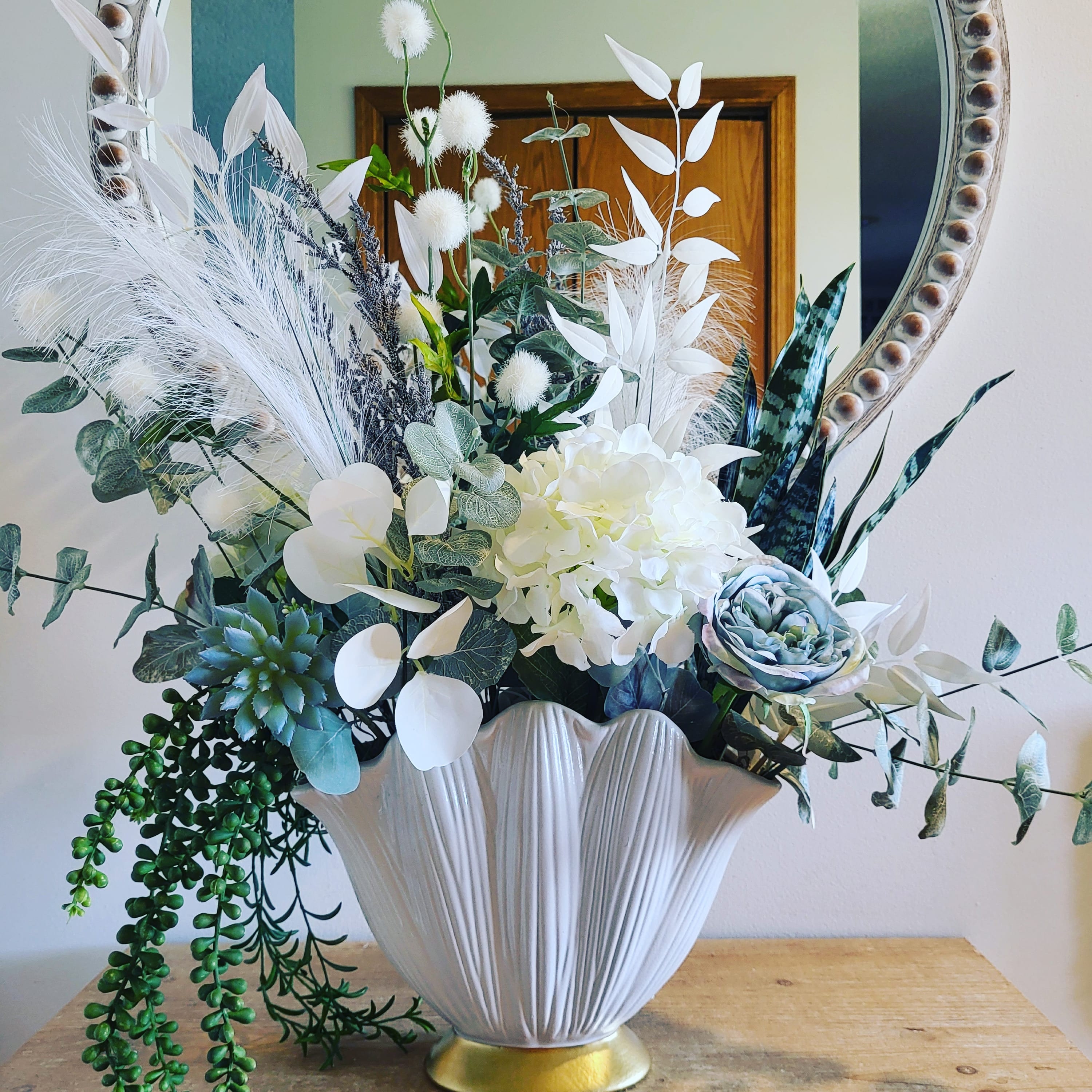 Modern Neutral Coastal Floral Arrangement in Gold & White Seashell Vase ...
