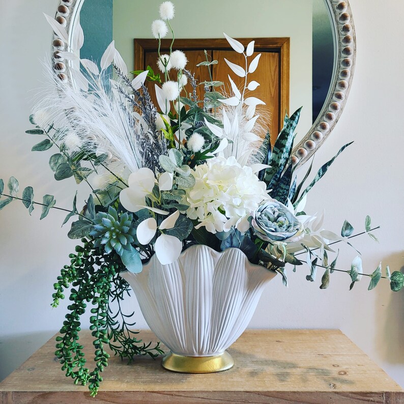 Modern Neutral Coastal Floral Arrangement in Gold & White Seashell Vase ...