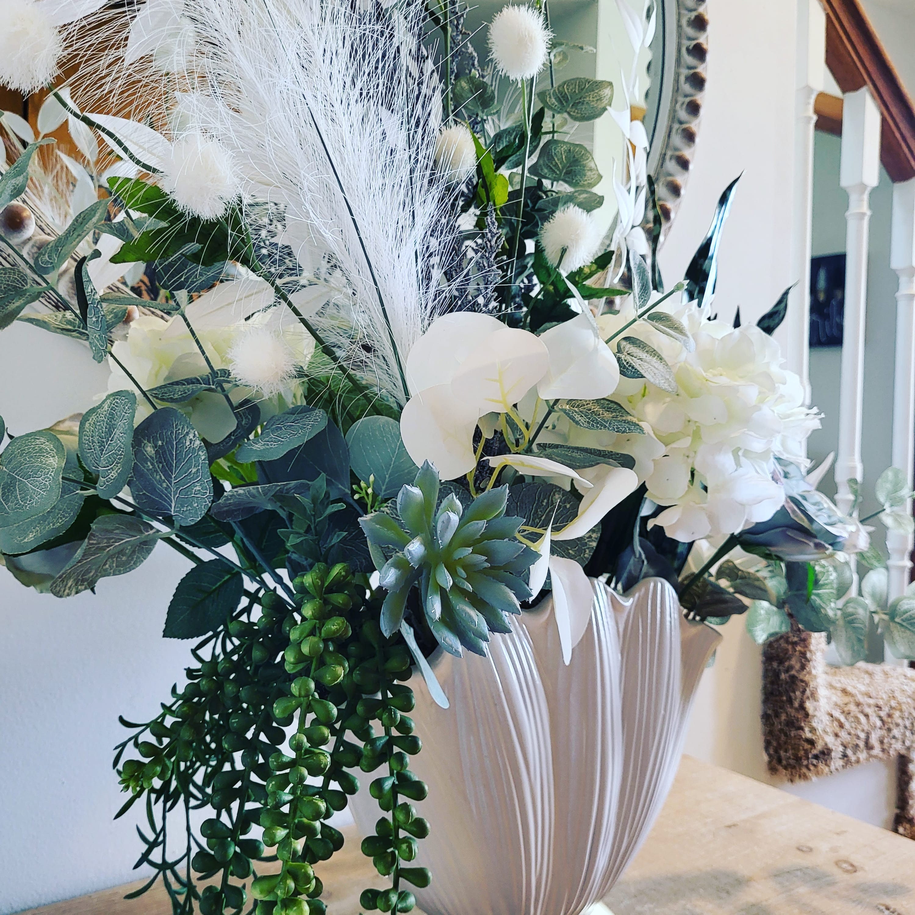 Modern Neutral Coastal Floral Arrangement in Gold & White Seashell Vase ...